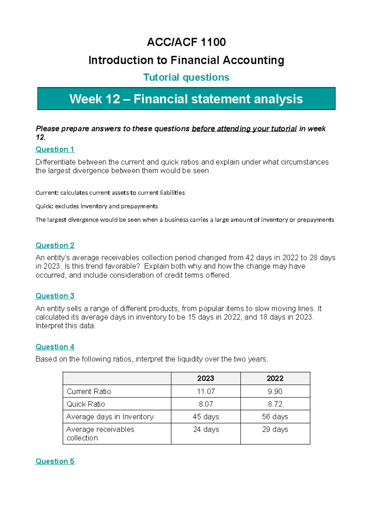 1100 Financial Accounting Week 12 Tutorial Questions & Answers - Studocu