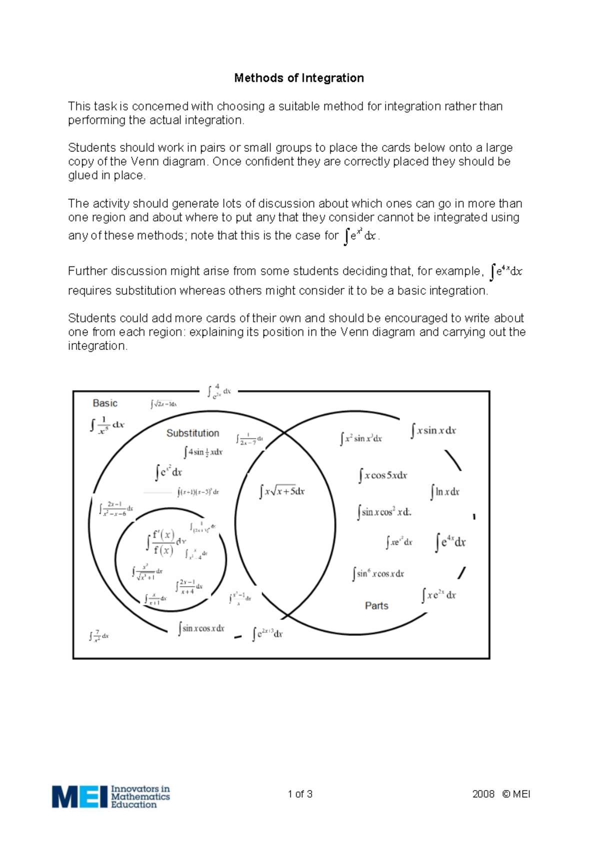 Methods of Integration: Venn Diagram Activity (2008 MEI) - Studocu