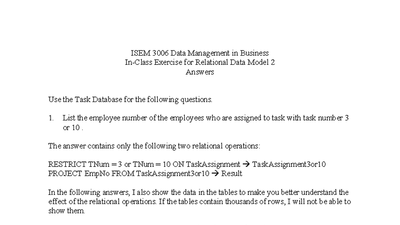 ISEM 3006 Relational Data Model 2 In-Class Exercise Answers - Studocu