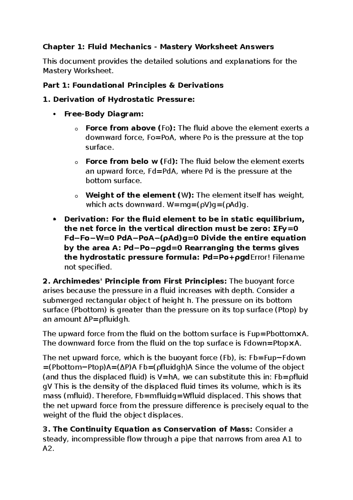 PC5132 Fluid Mechanics Chapter 1 Mastery Worksheet Solutions - Studocu