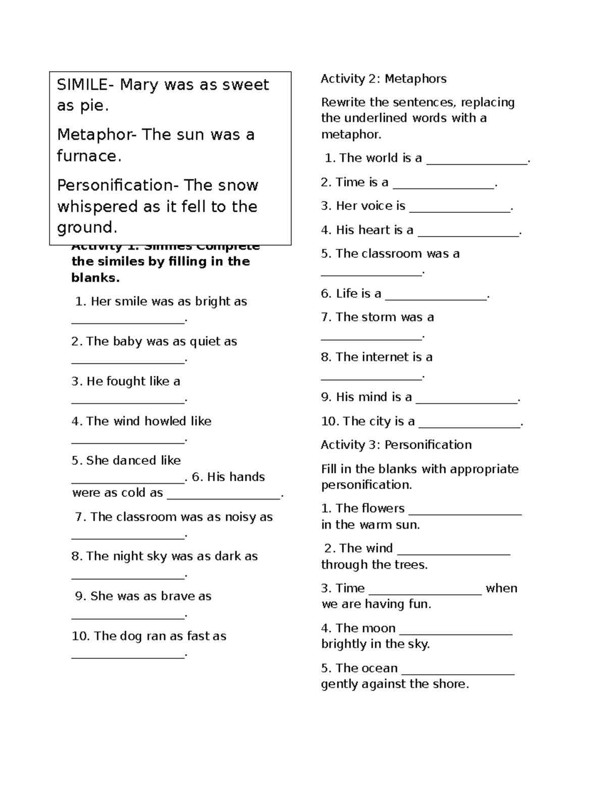 ENG101: Activity 1 - Figures of Speech: Similes, Metaphors ...