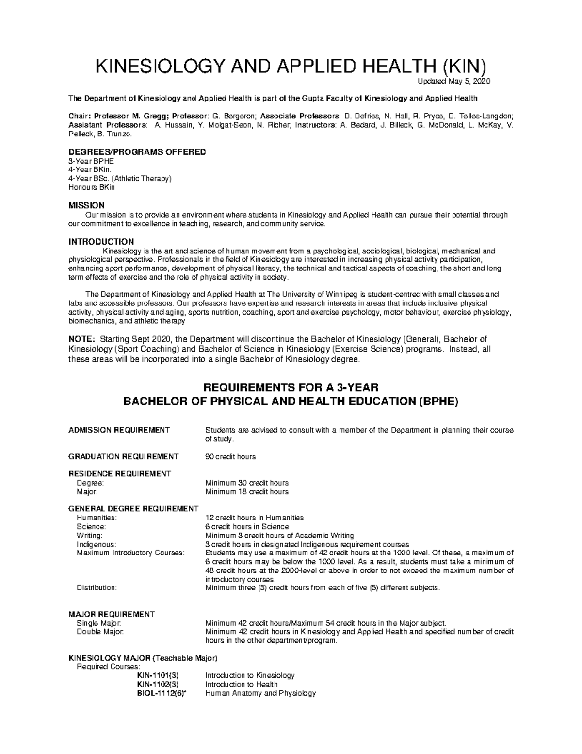 KIN Course Outline and Program Requirements (2020 Update) - Studocu