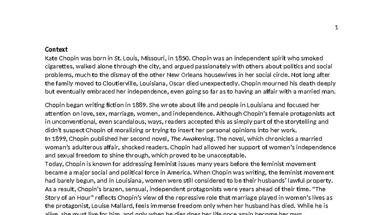 The Story of an Hour (ENG 101) - Feminist Themes and Analysis - Studocu