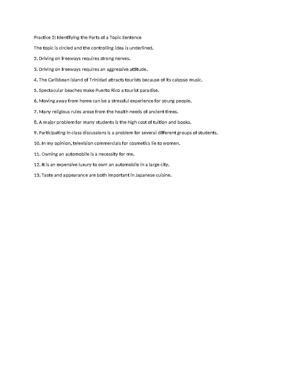 Practice - Identifying the Parts of a Topic Sentence - 2. Driving on ...