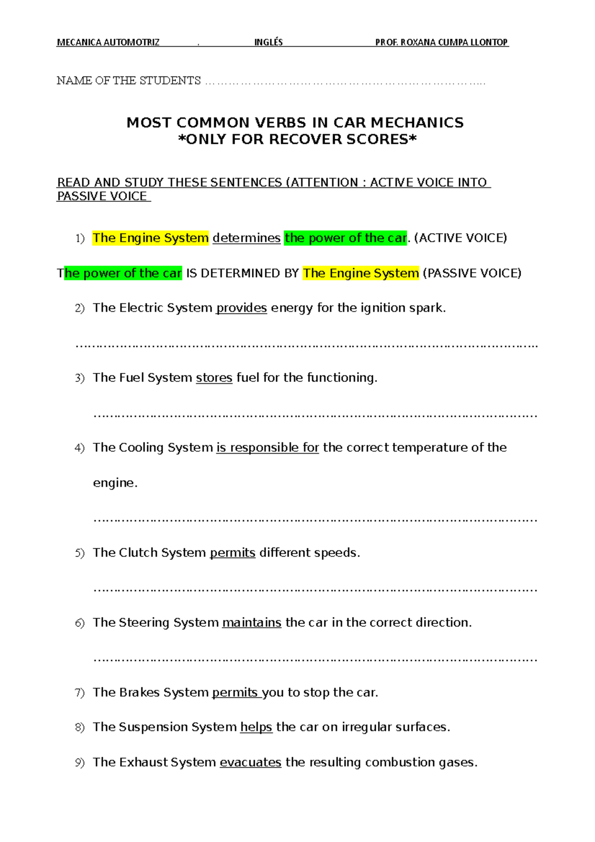 Common Verbs in Car Mechanics - Reading Comprehension Exercises 100674 ...