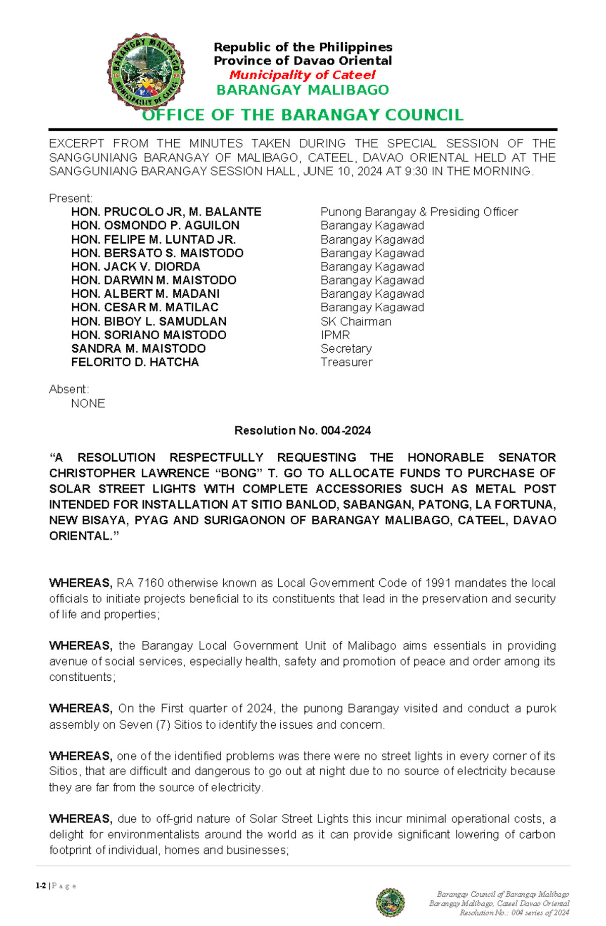 Resolution No. 004-2024: Request for Solar Street Lights Funding - Studocu