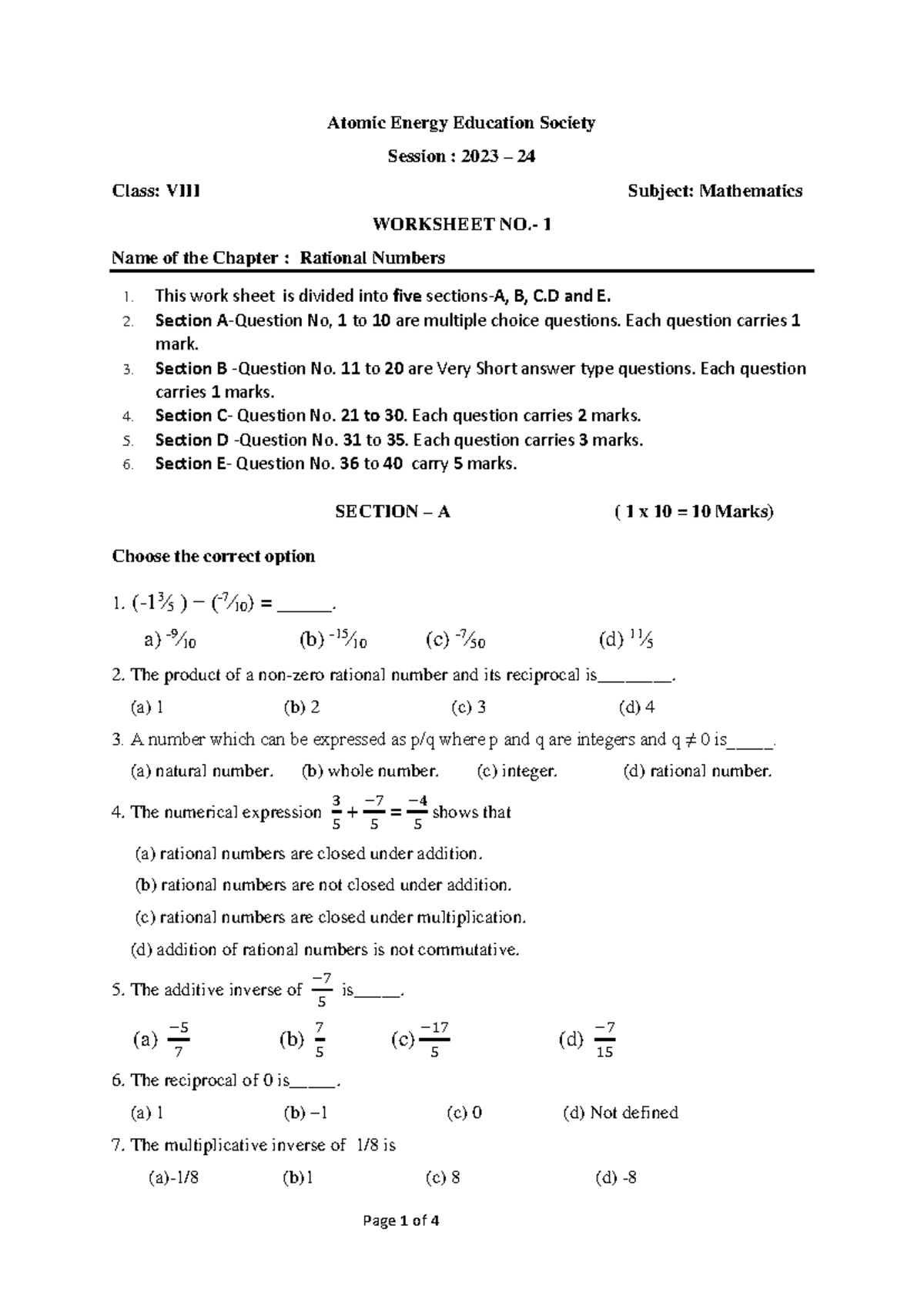Class 8 Maths - Worksheet 1: Rational Numbers (2023-24) - Studocu