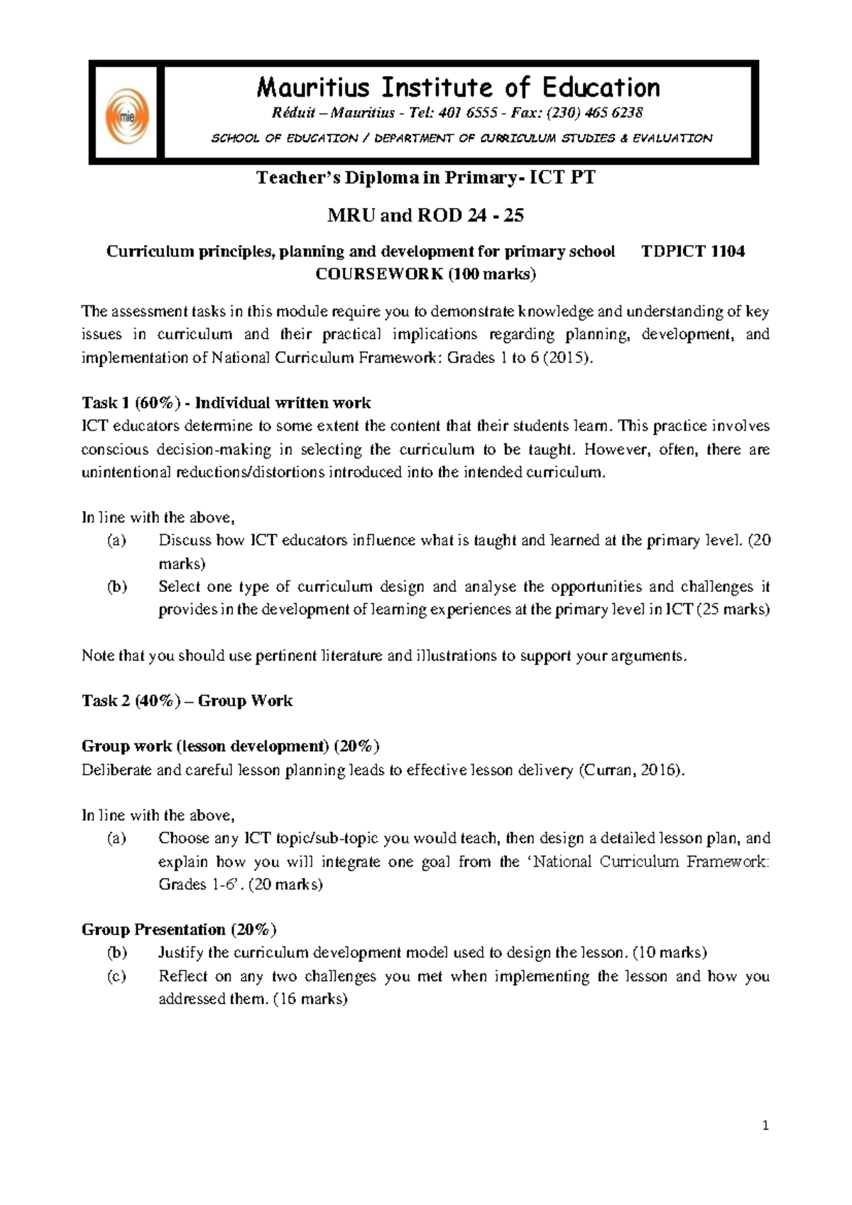 TDP ICT PT 24-25 Final Coursework: Curriculum Development & ICT - Studocu