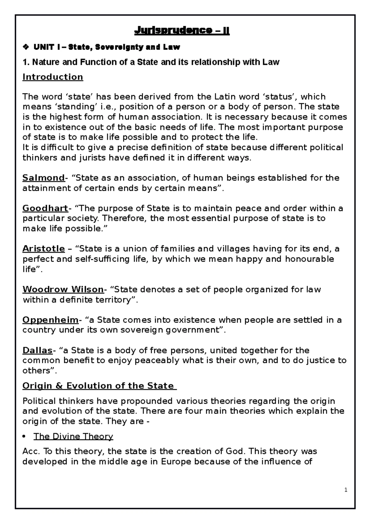 Jurisprudence notes - ...... - Jurisprudence – II UNIT I – State ...