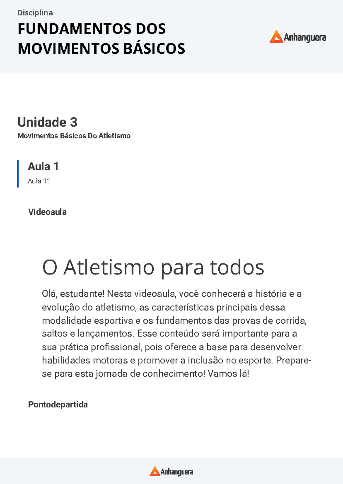 Unidade 3: Movimentos Básicos do Atletismo - Aula 1 - Studocu