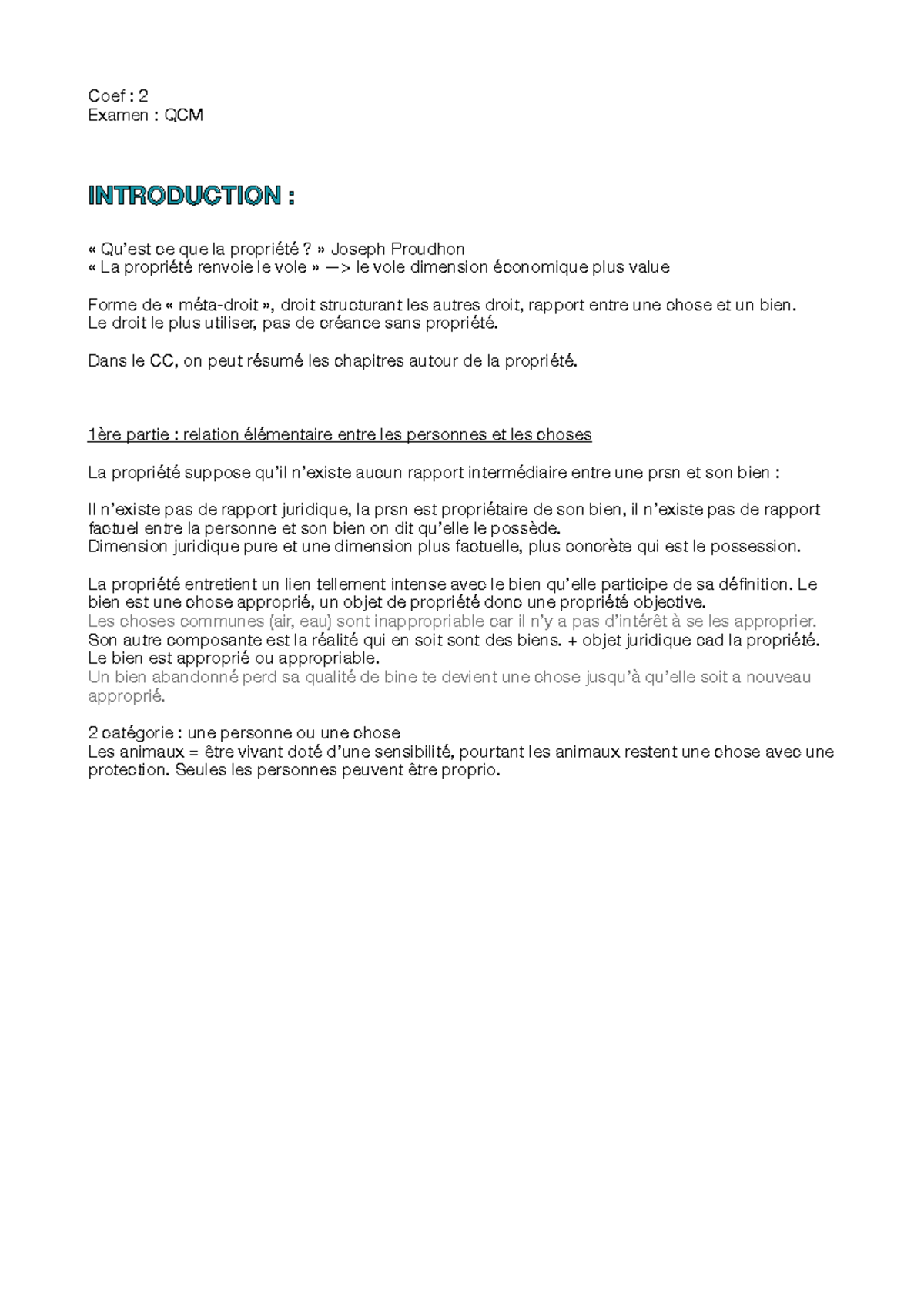 Droit des Biens : Propriété et Ses Dimensions - COEF 2 Examen QCM - Studocu