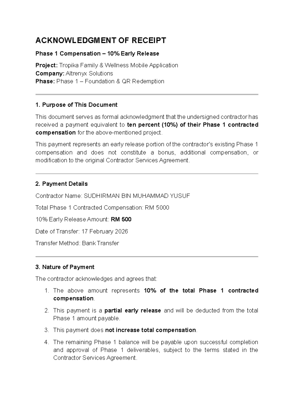Phase 1 Compensation Acknowledgment - Tropika Wellness Project - Studocu