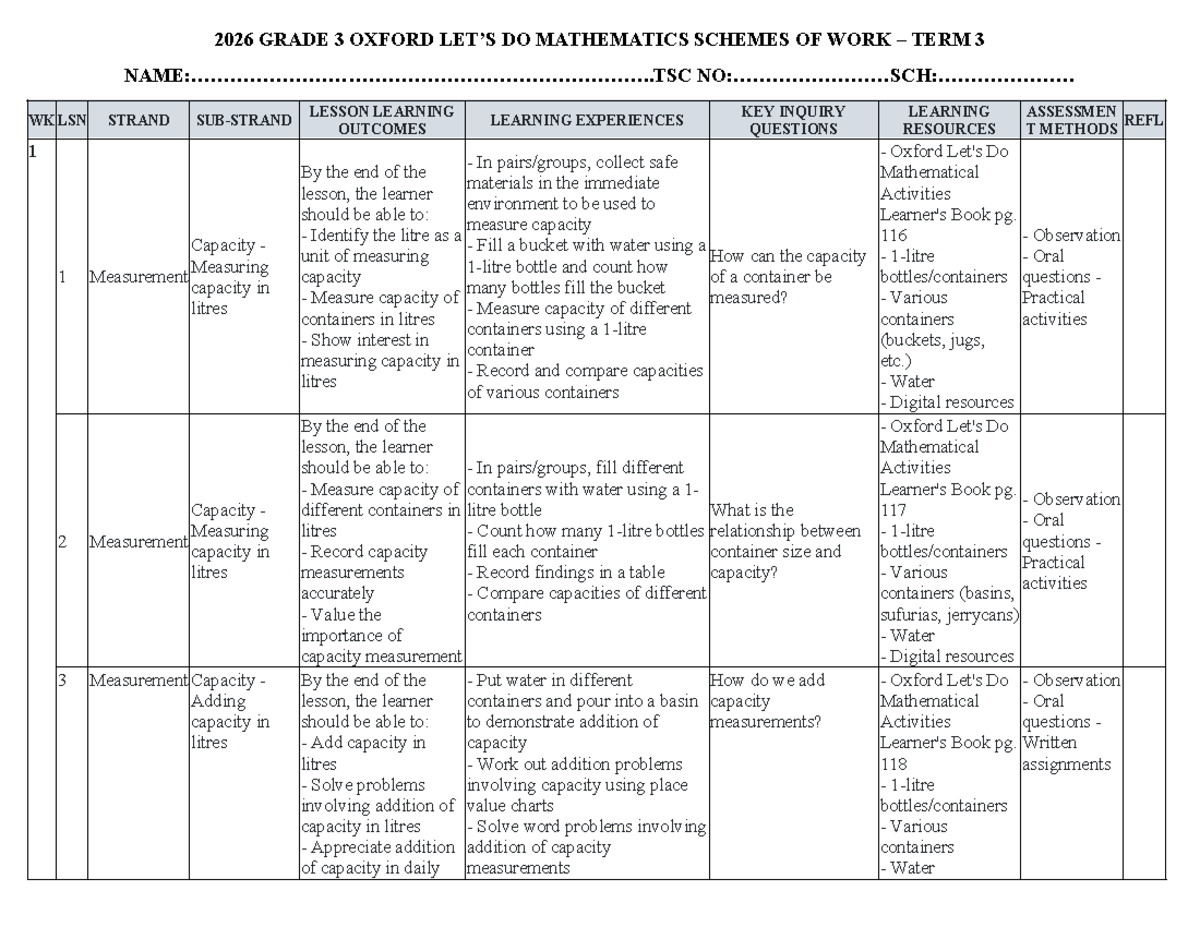 2026 GRADE 3 OXFORD LET'S DO MATH SCHEMES OF WORK TERM 3 - Studocu