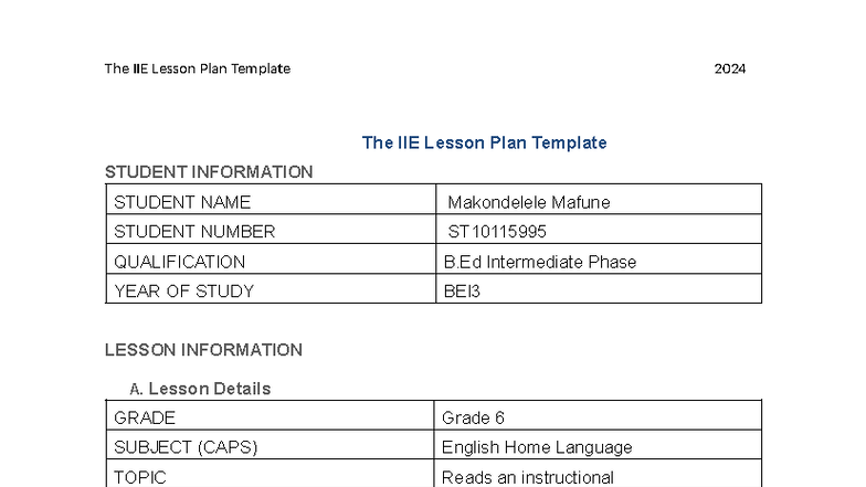 Lesson plan ENG 2 - The IIE Lesson Plan Template STUDENT INFORMATION ...