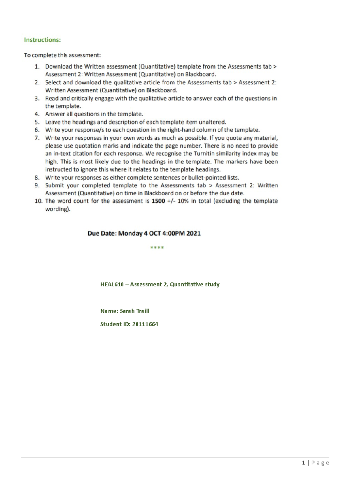 Traill S assessment 2 - HEAL610 – Assessment 2, Quantitative study Name ...