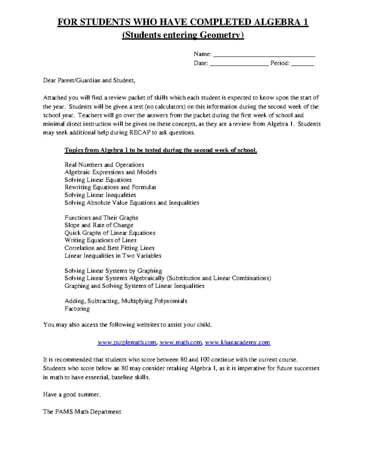 Algebra 1 Year-End Review Packet for Geometry Students - Studocu