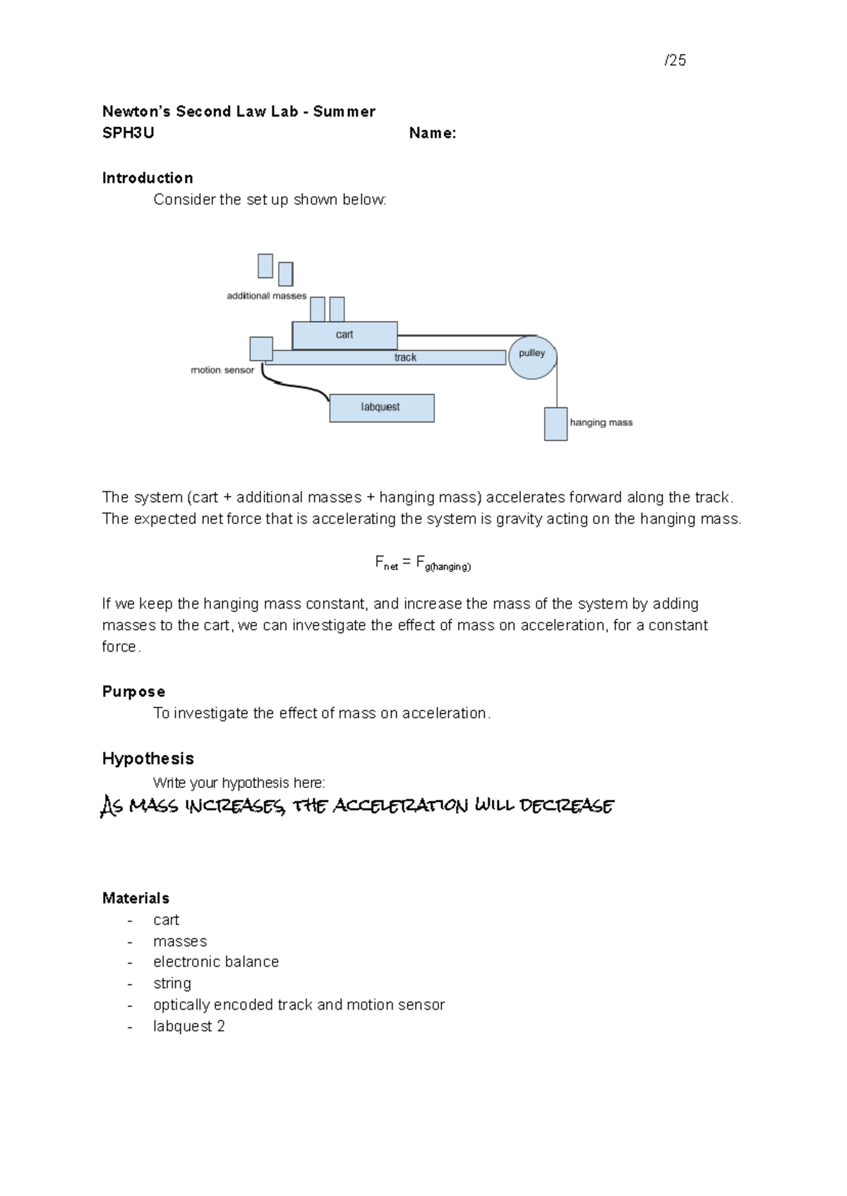Newton’s Second Law Lab - Summer - / Newton’s Second Law Lab - Summer ...