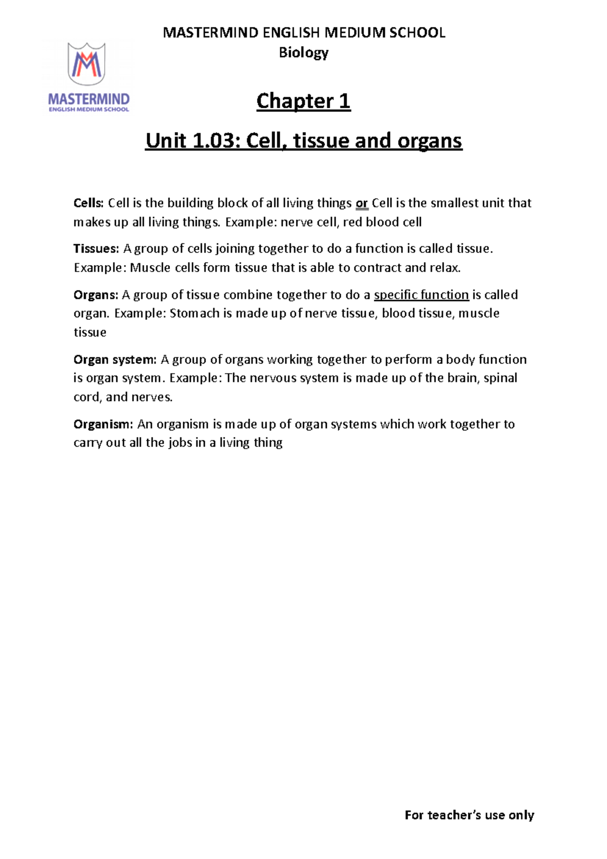 Unit 1.03 Biology: Understanding Cells, Tissues, and Organs - Studocu