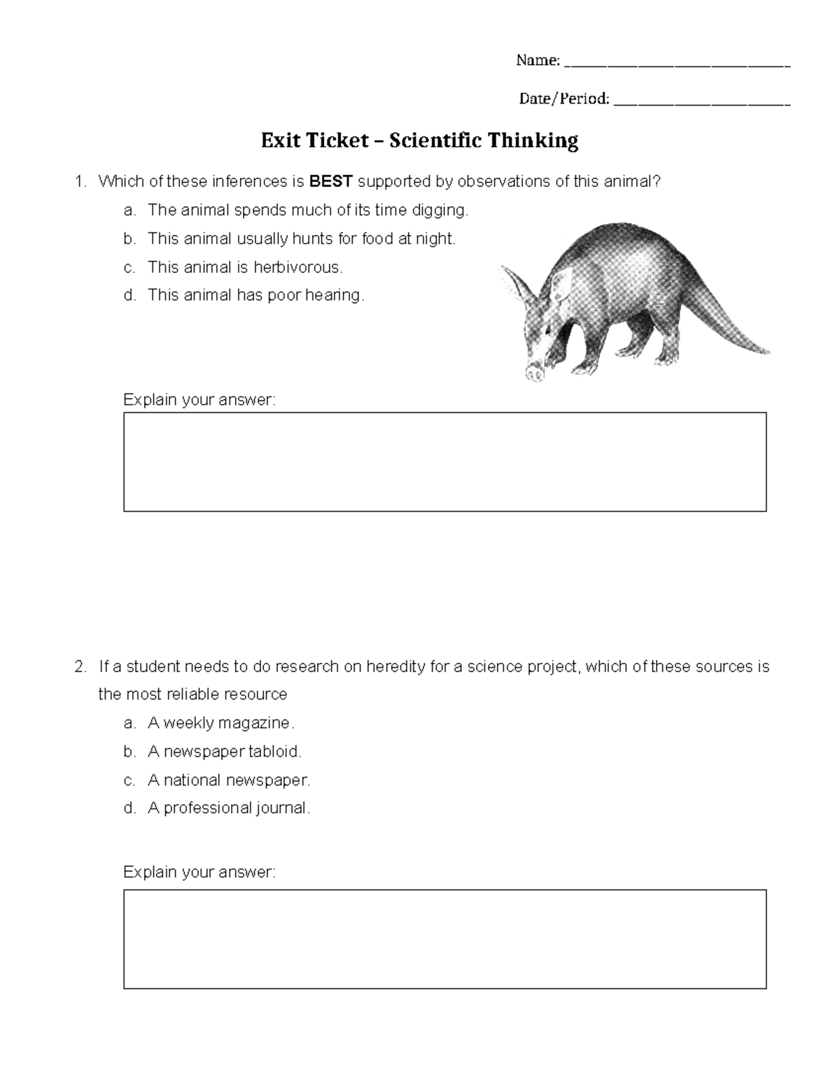 Exit Ticket: Scientific Thinking Assessment Questions - Studocu