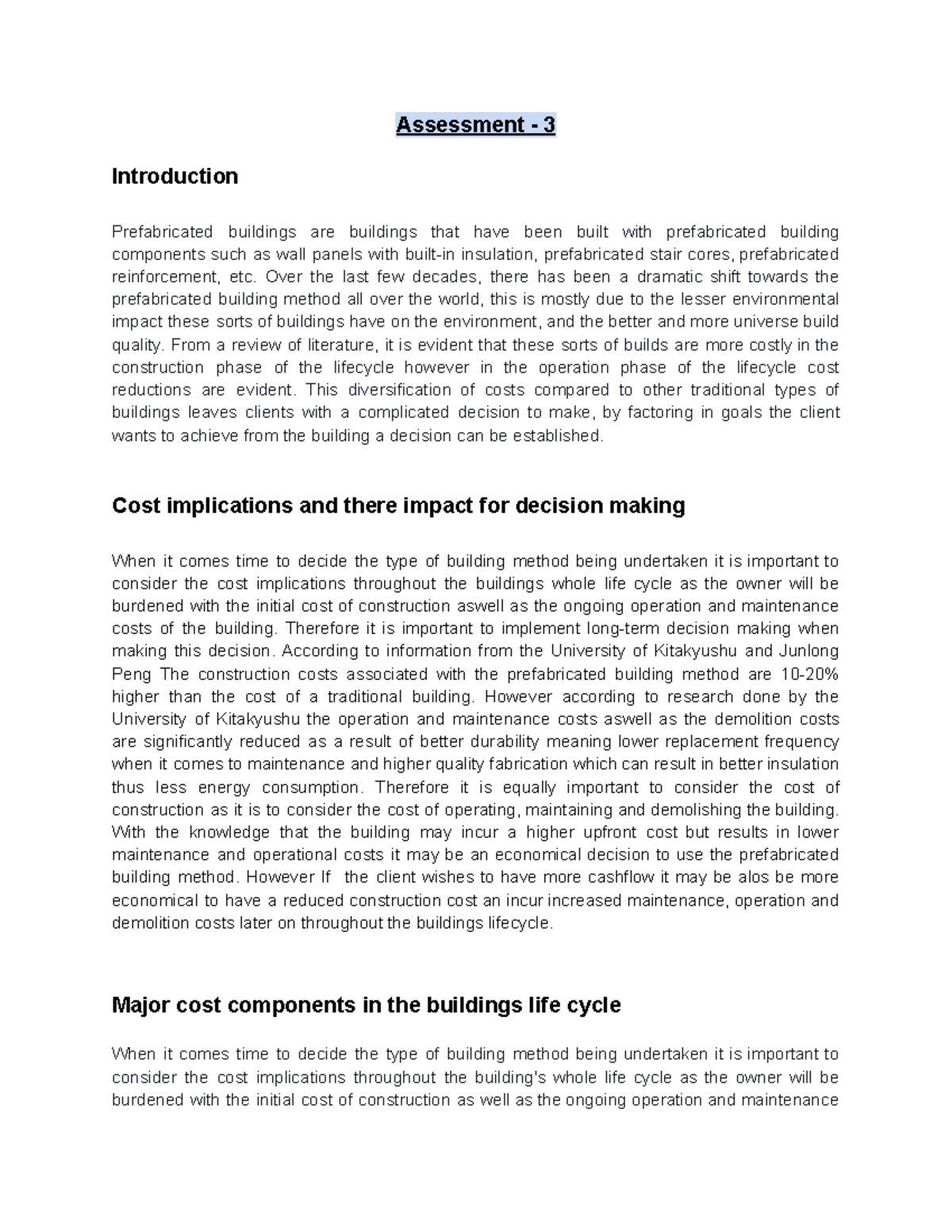 Assessment 3 - Cost studies - Assessment - 3 Introduction Prefabricated ...