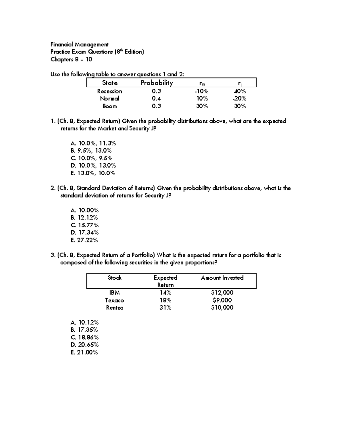 Financial Management Practice Exam Questions (Chapters 8-10 ...