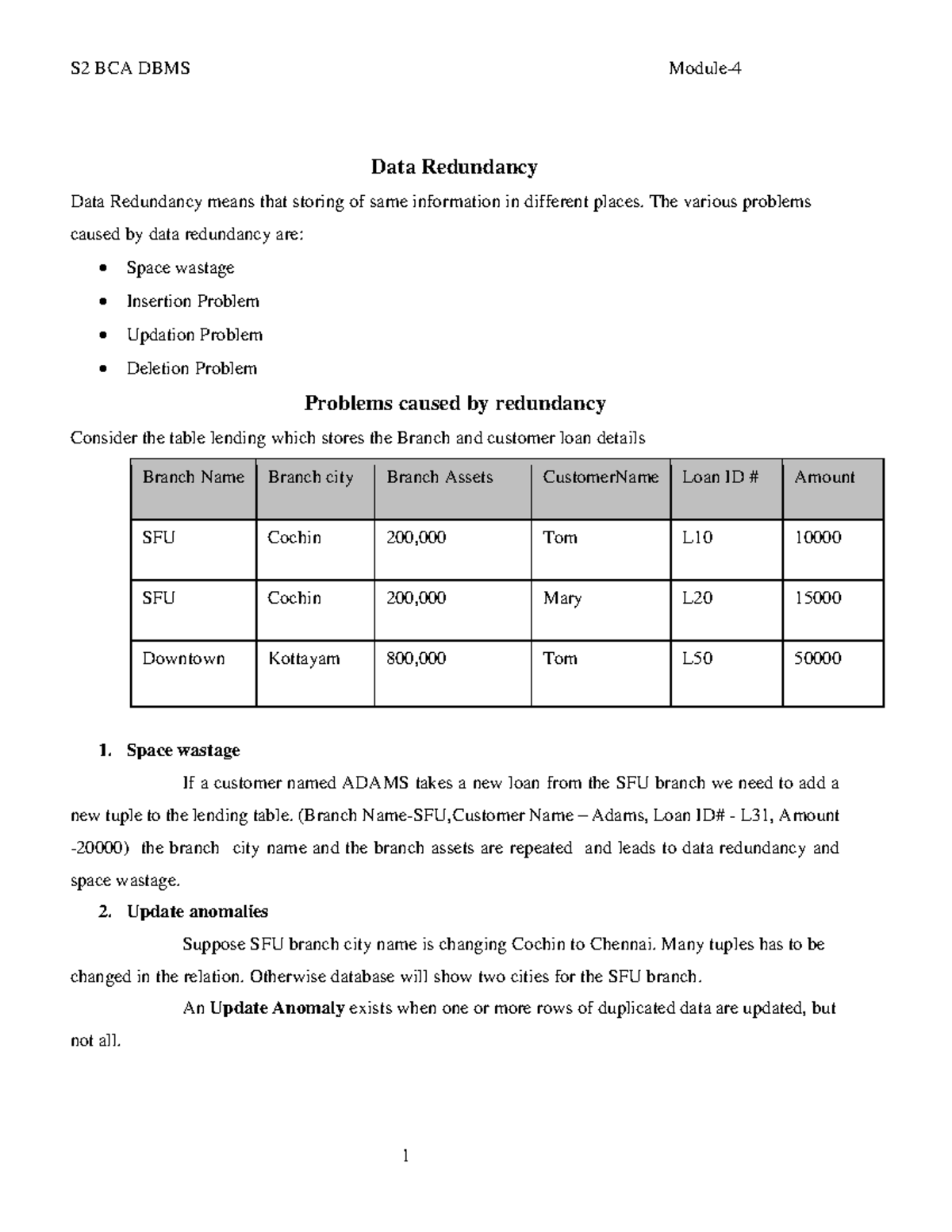 M4dbms - Semester 2 , DBMS , module 4 - Data Redundancy Data Redundancy means that storing of ...