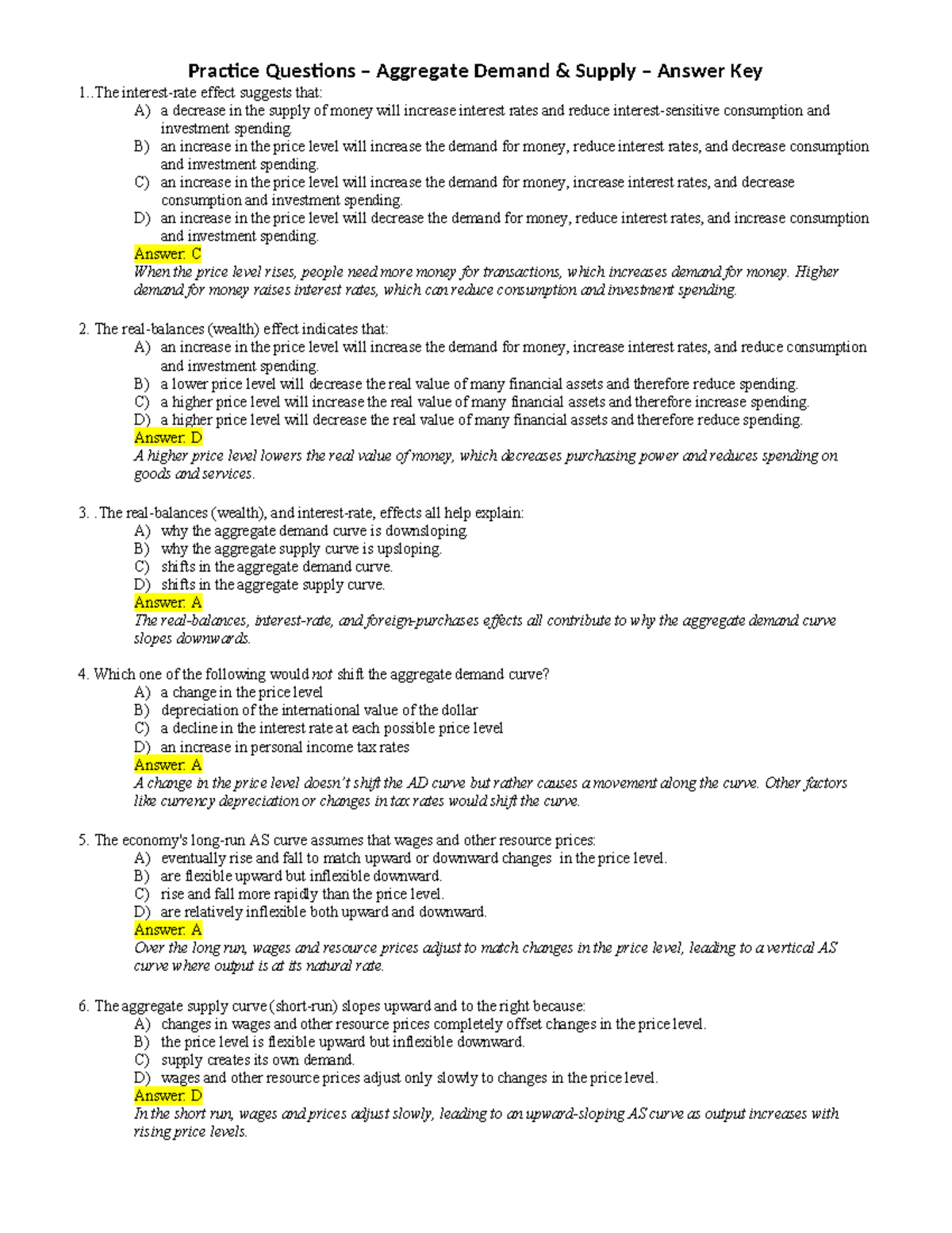 Practice Questions - Aggregate Supply and Demand - Answer Key - Studocu