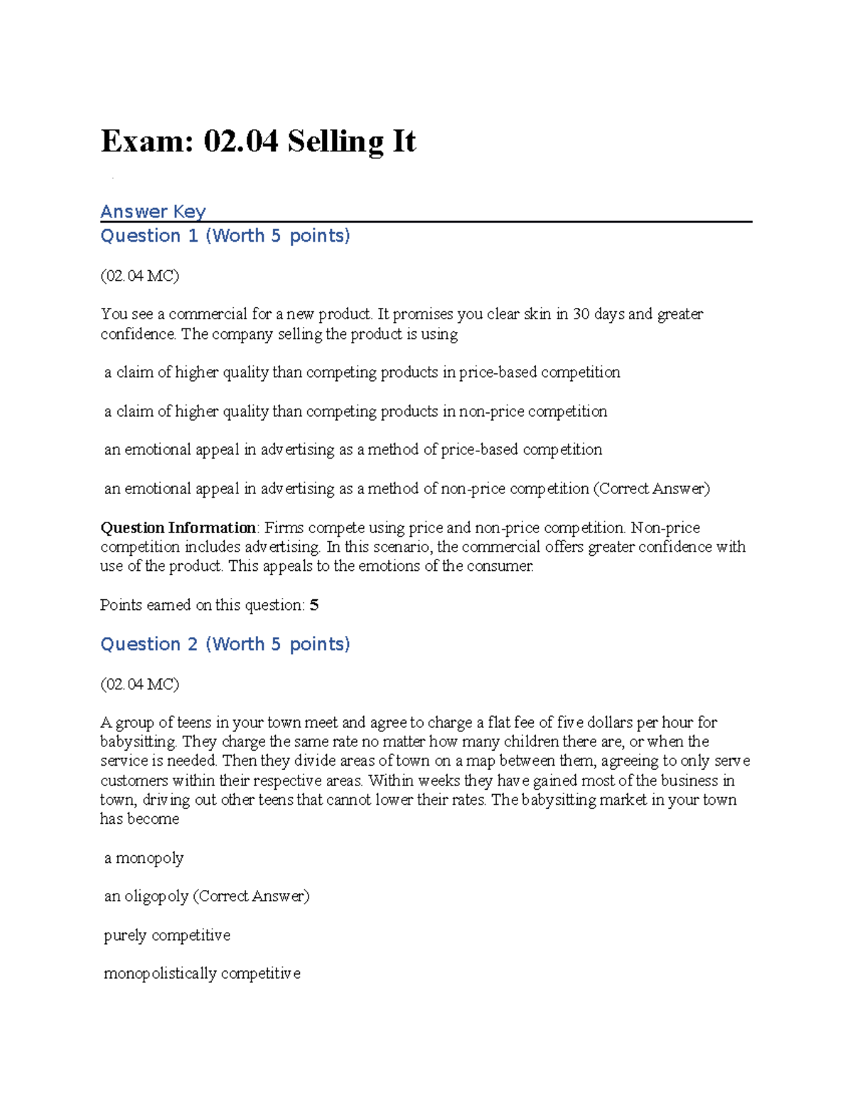 Exam 02.04 Selling It - Answer Key and Questions Review - Studocu