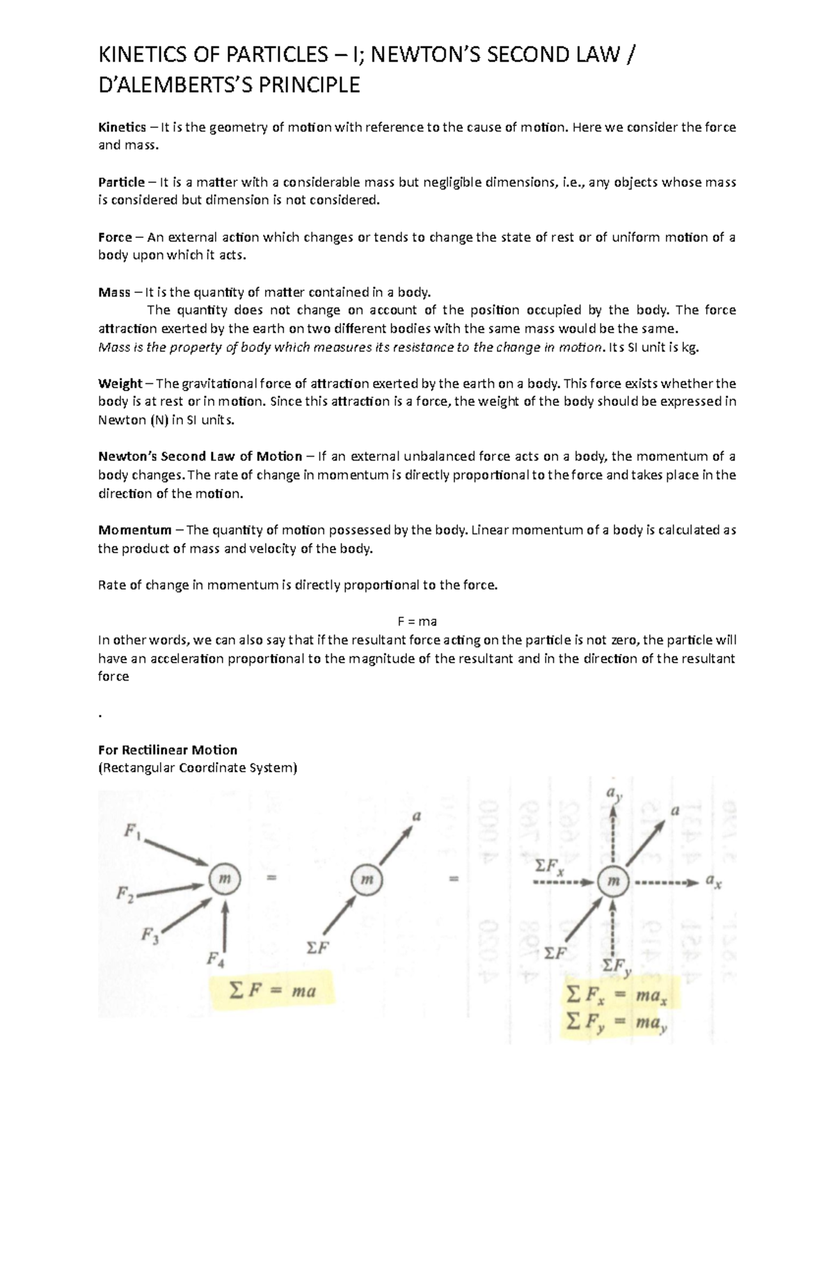 Kinetics-OF- Particles - KINETICS OF PARTICLES – I; NEWTON’S SECOND LAW / D’ALEMBERTS’S ...