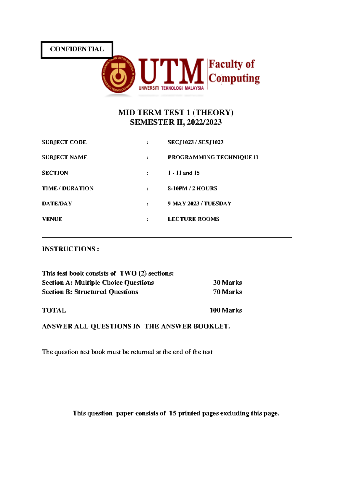 Midterm Test Theory SECJ1023 S2022/23 - Questions Updated 5 May - Studocu