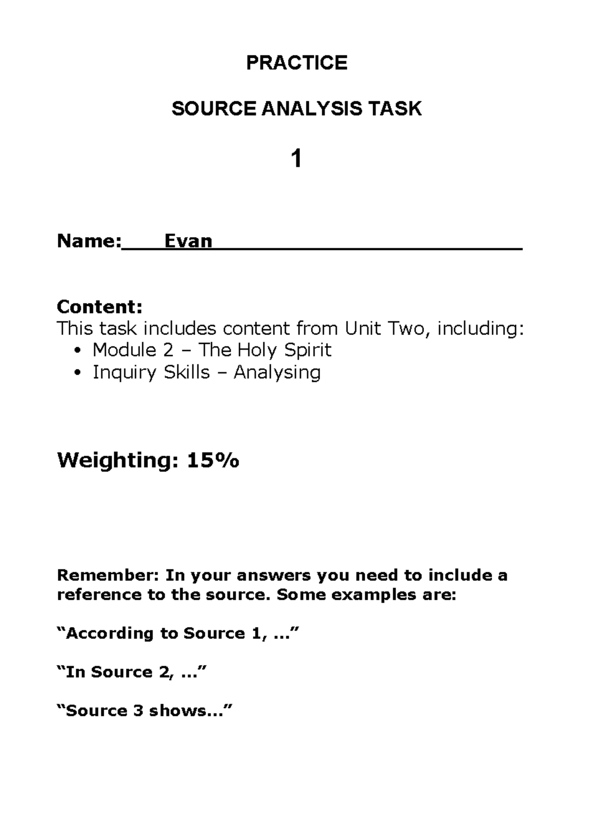 RE 9 T2 2025: Practice Source Analysis Task 1 - Unit Two Insights - Studocu