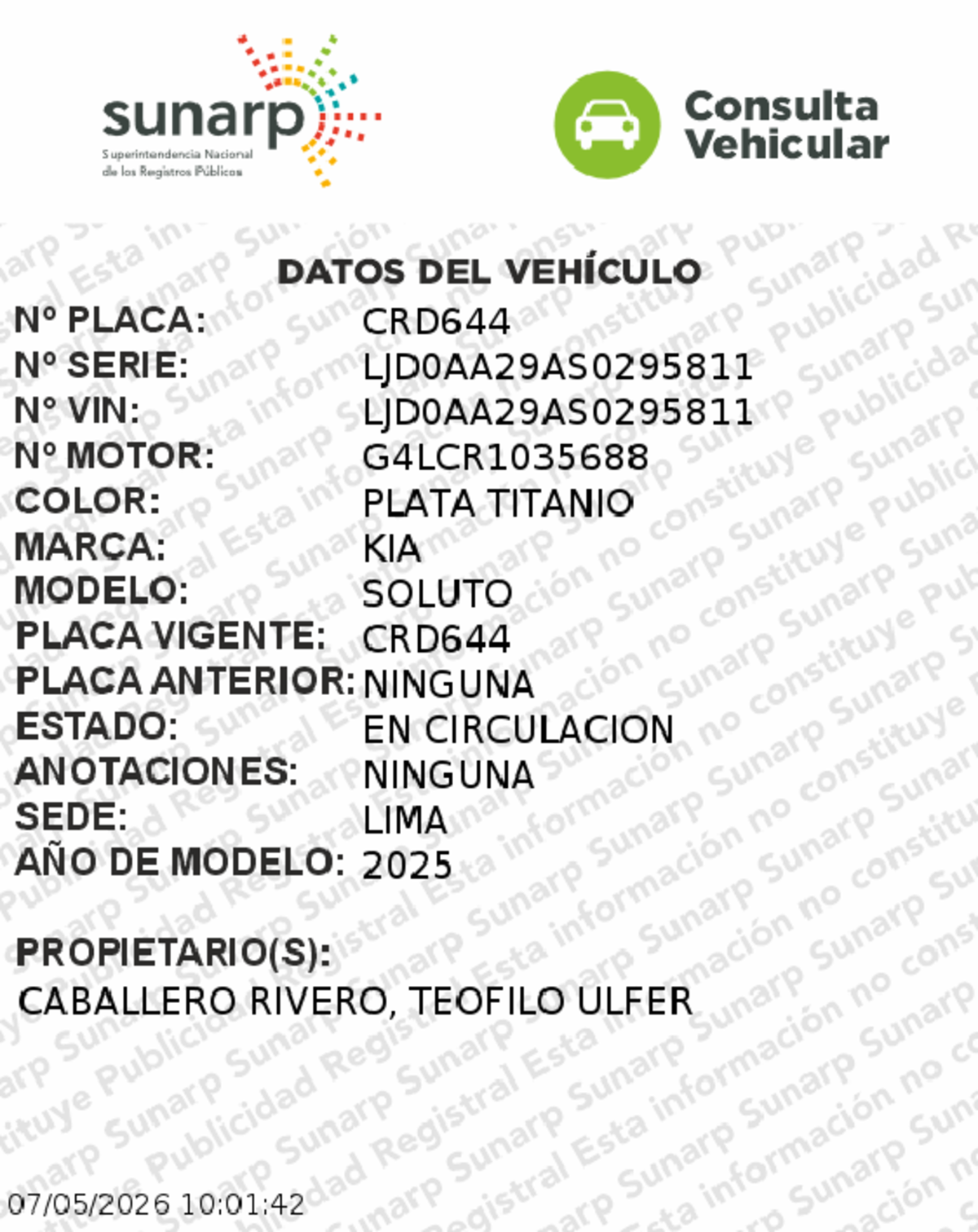 Consulta de Datos Vehiculares - SUNARP - Placa CRD644 - Studocu