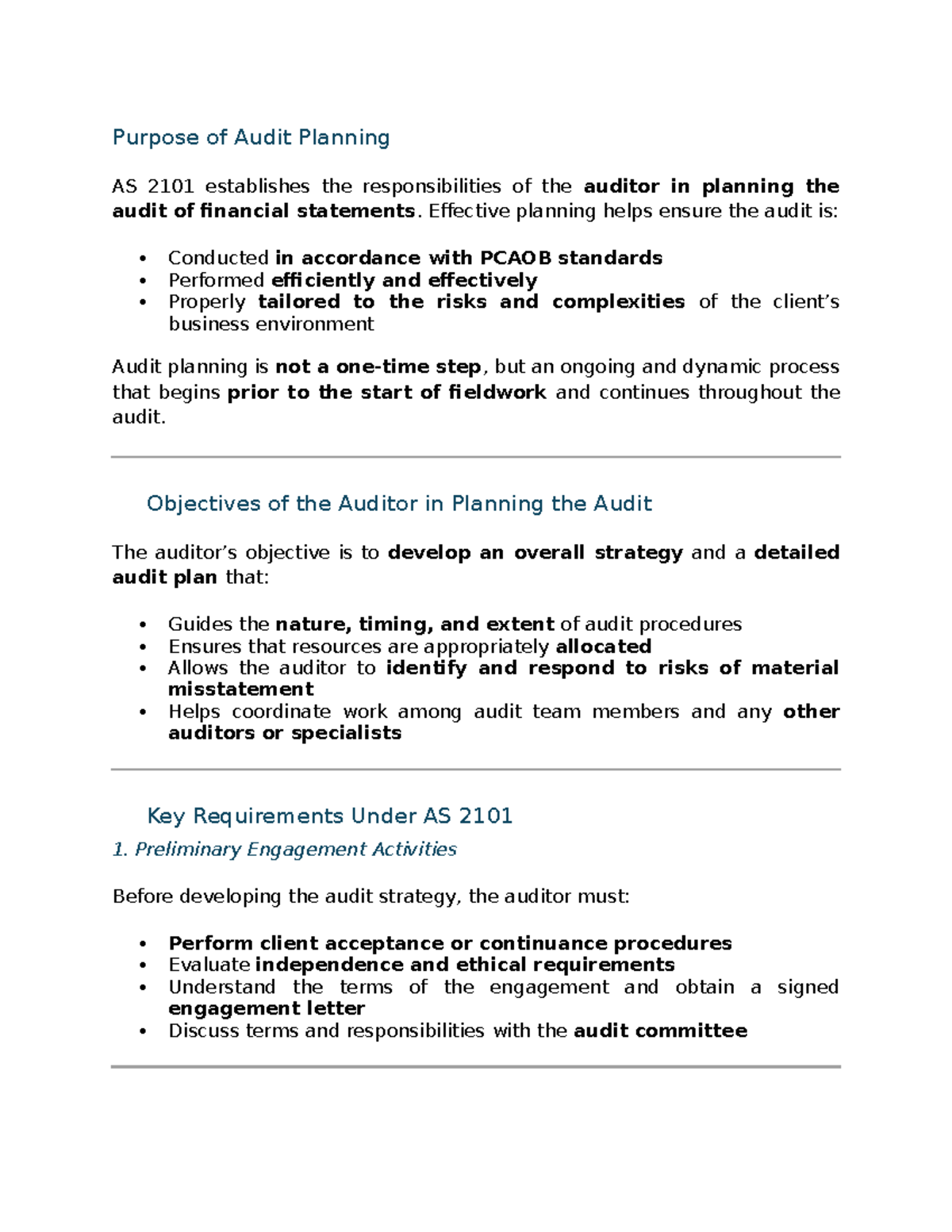 Summary of audit planning under AS 2101 guidelines - Studocu