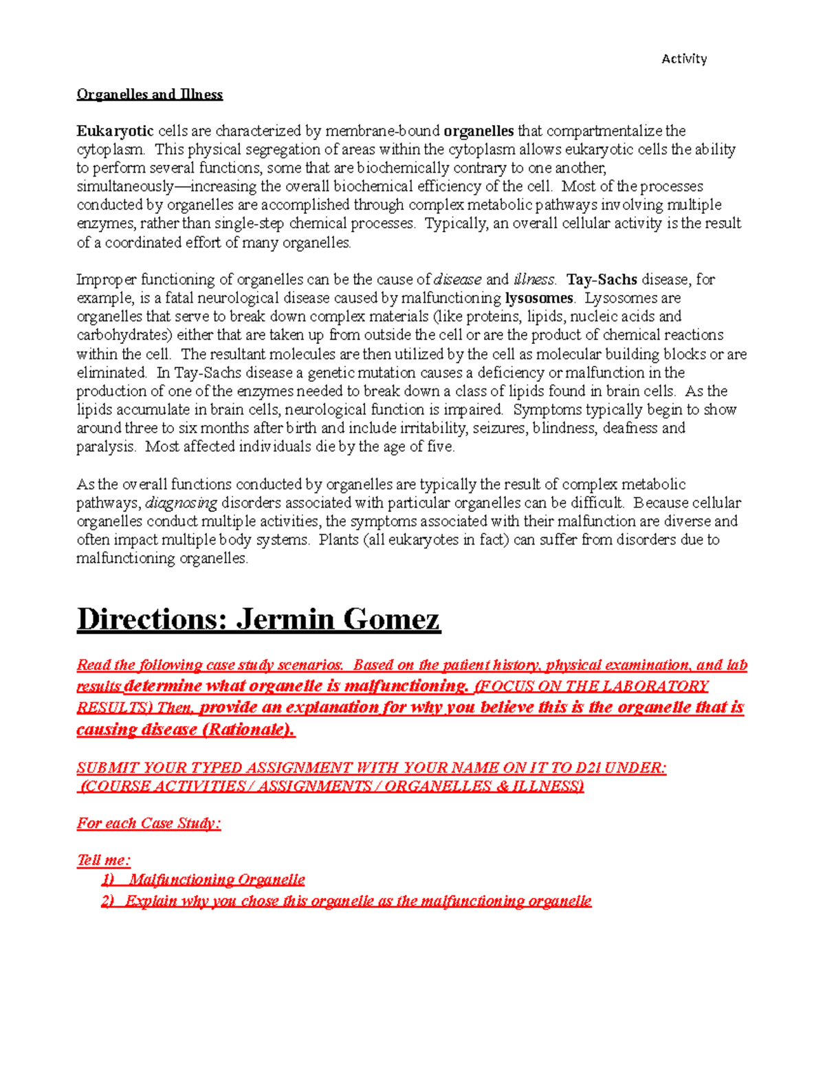 Organelles and Illness Assignment - Biology 1406 Case Studies - Studocu
