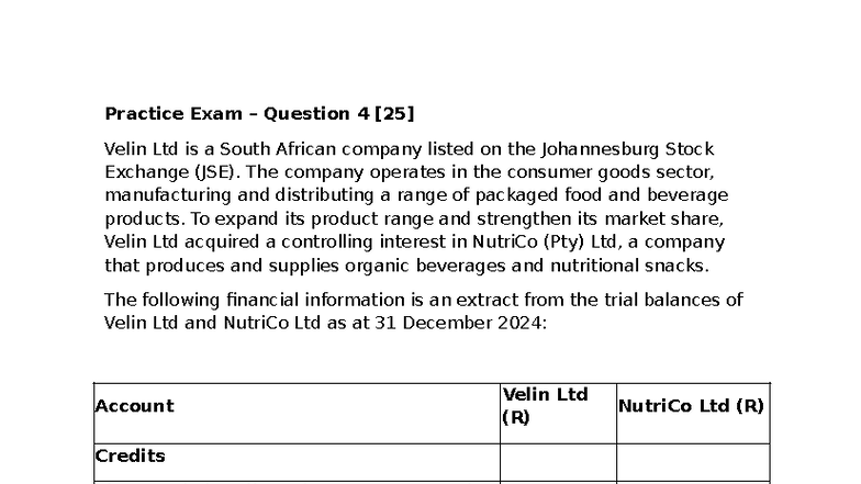 Practice Exam Question: Consolidation of Velin Ltd & NutriCo Ltd - Studocu