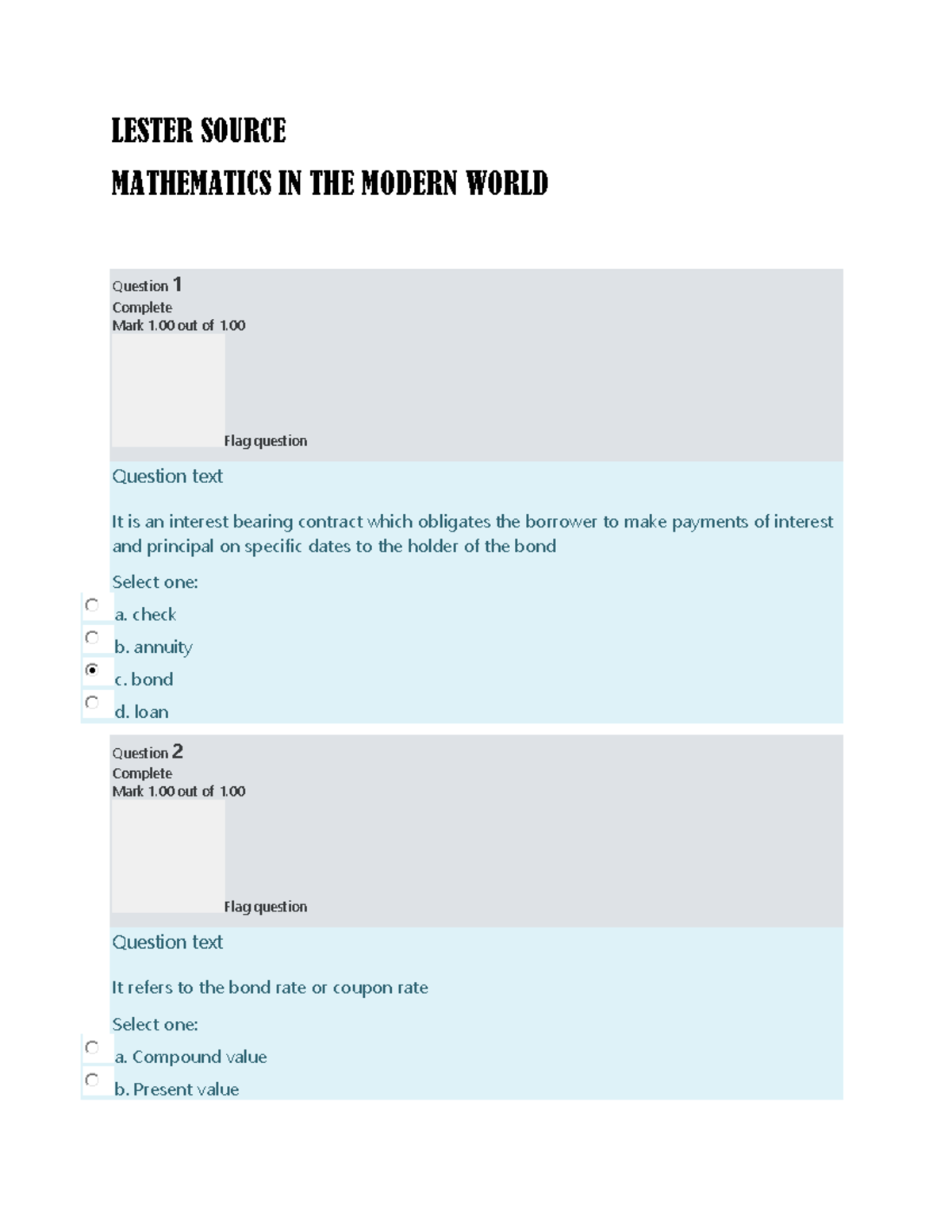 Mathematics in the Modern World FQ2 - LESTER SOURCE MATHEMATICS IN THE ...