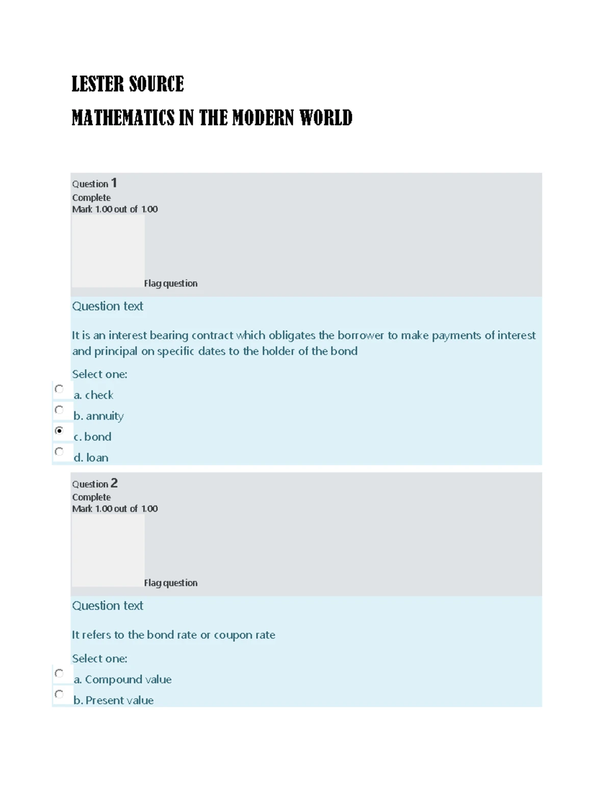 Mathematics in the Modern World FQ2 - LESTER SOURCE MATHEMATICS IN THE ...