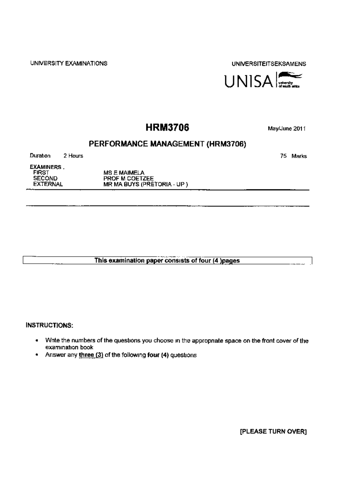 HRM3706 2011 Past Exam Paper: Performance Management Insights - Studocu