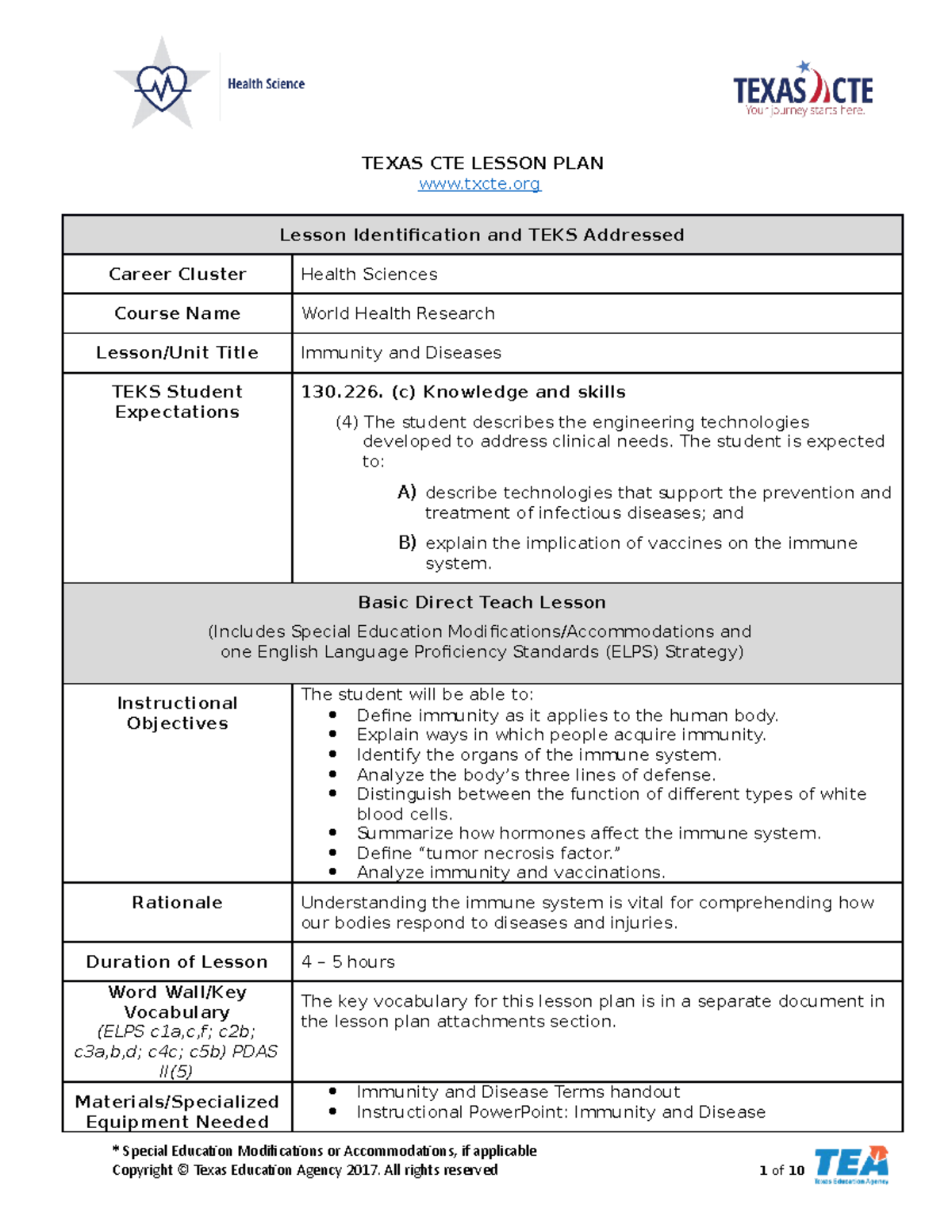 CTE Lesson Plan 130.226: Understanding Immunity & Diseases - Studocu