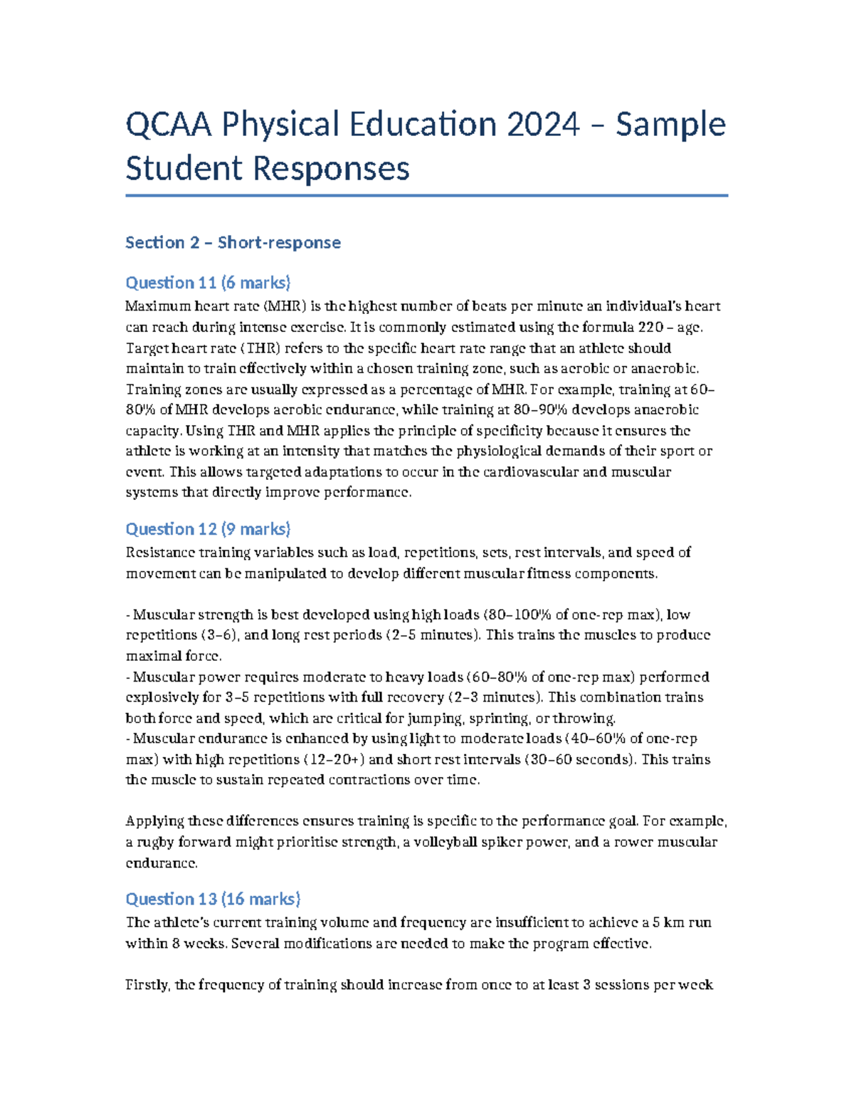 QCAA PE 2024 Sample Student Responses: MHR, THR, and Training ...
