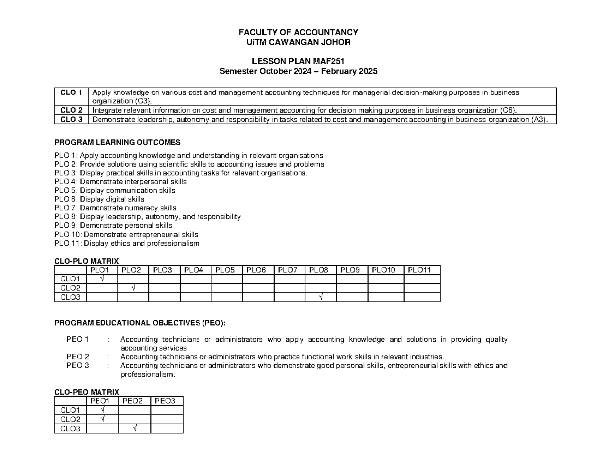 MAF251 Management Accounting Lesson Plan: Semester Oct 2023 - Feb 2024 ...