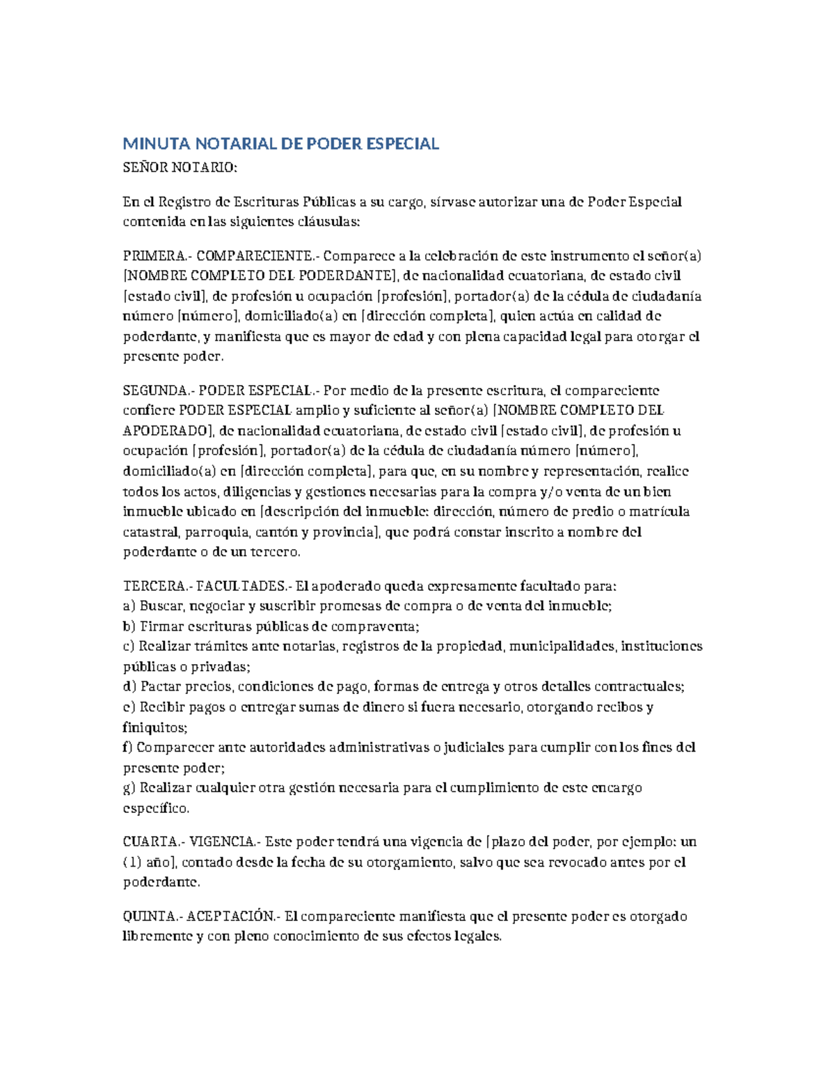Minuta Notarial de Poder Especial - Ecuador - Documentación Legal - Studocu