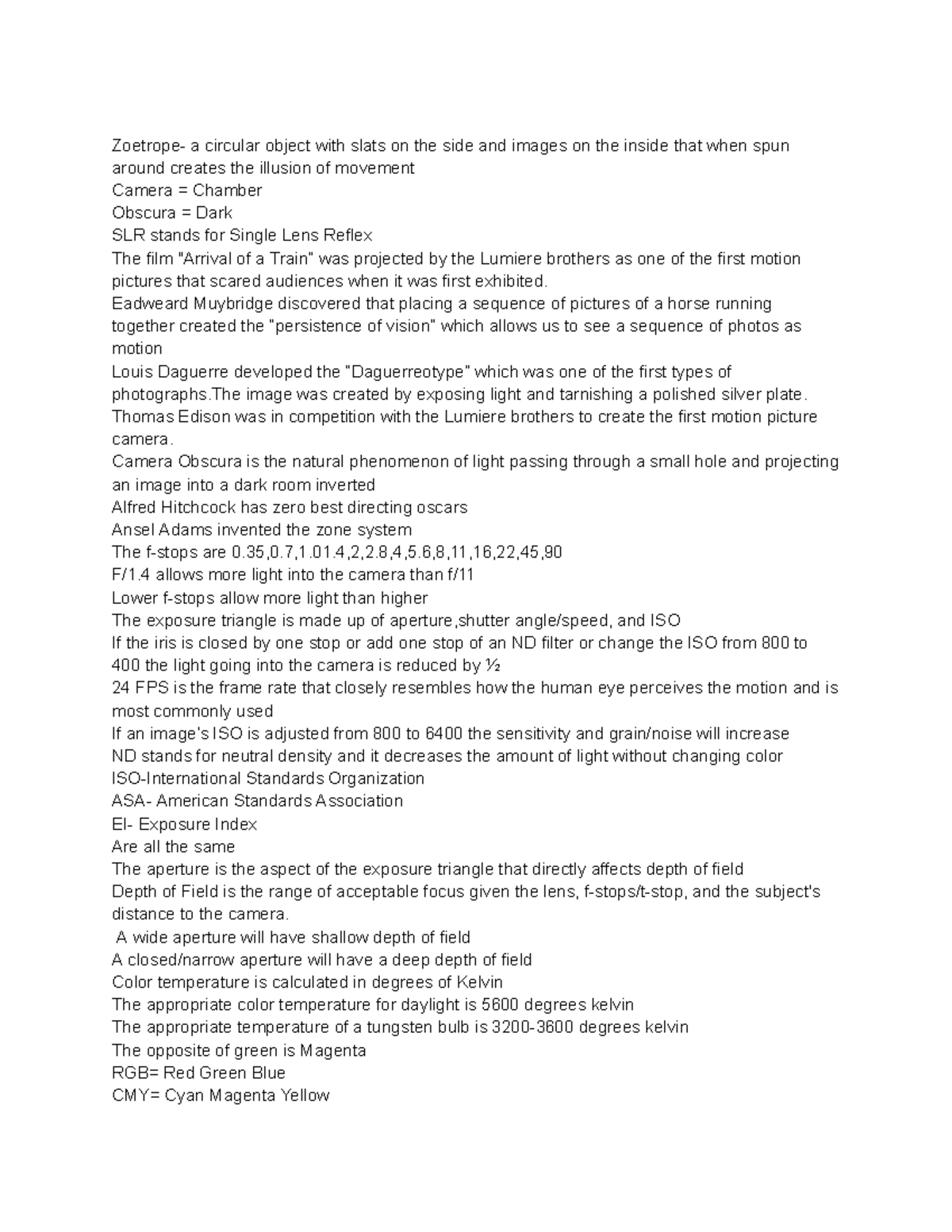 Cinematography Techniques and Notes for Film Studies (Course Code: TBD ...