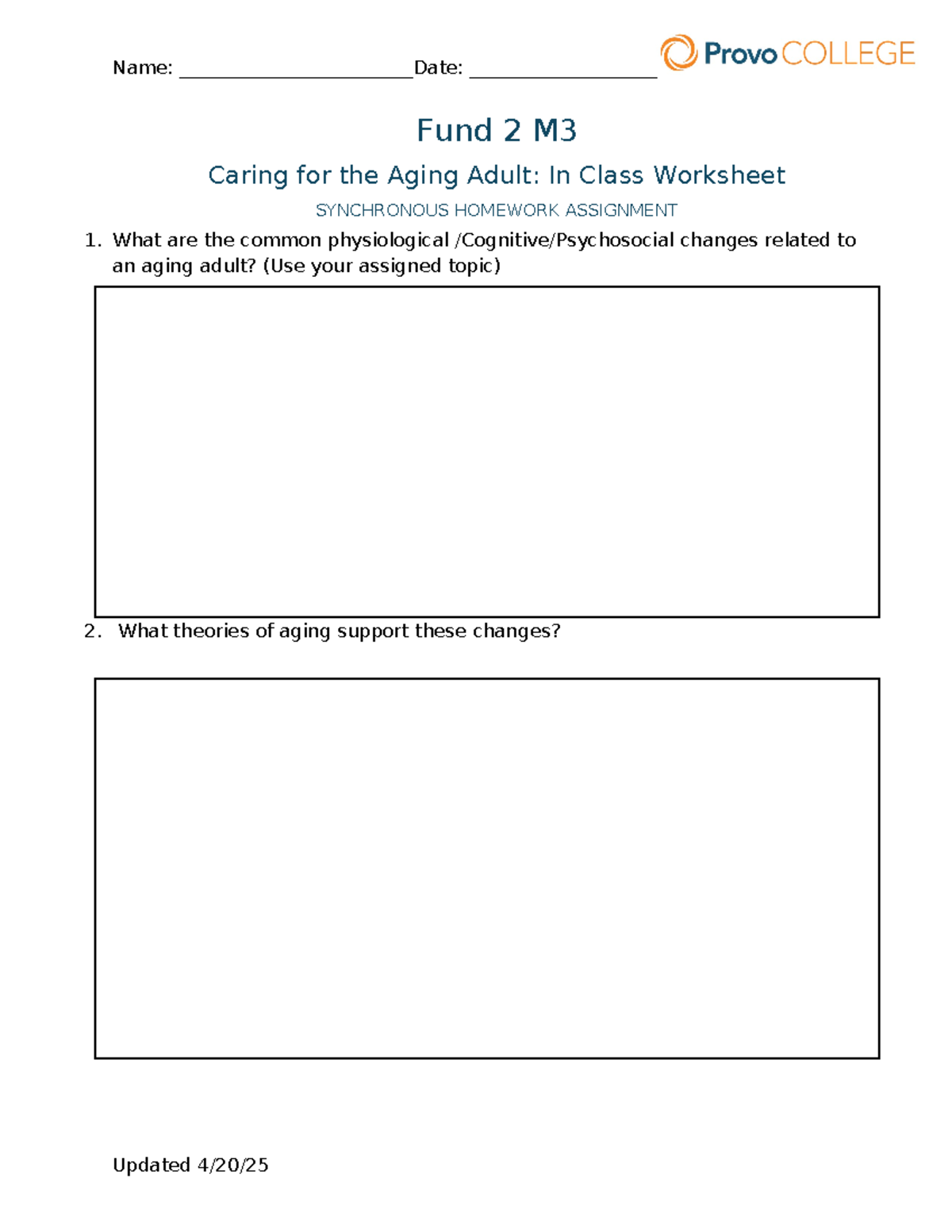 F2 M3 In Class Worksheet - Fund 2 M Caring for the Aging Adult: In ...