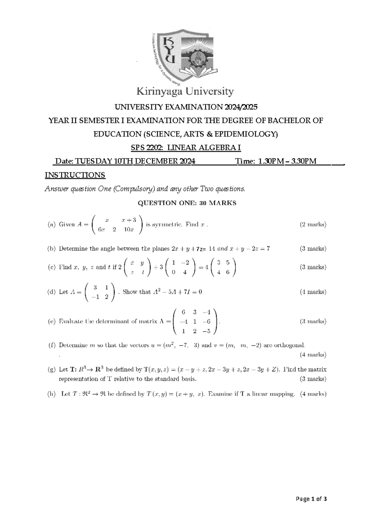 SPS 2202 Linear Algebra I - Introduction to Computer Systems - Page 1 ...