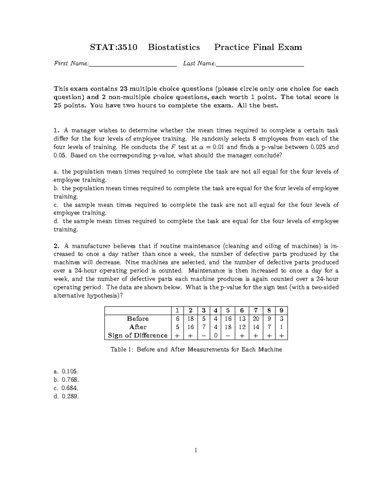 STAT:3510 Biostatistics Practice Final Exam - Spring 2025 - Studocu
