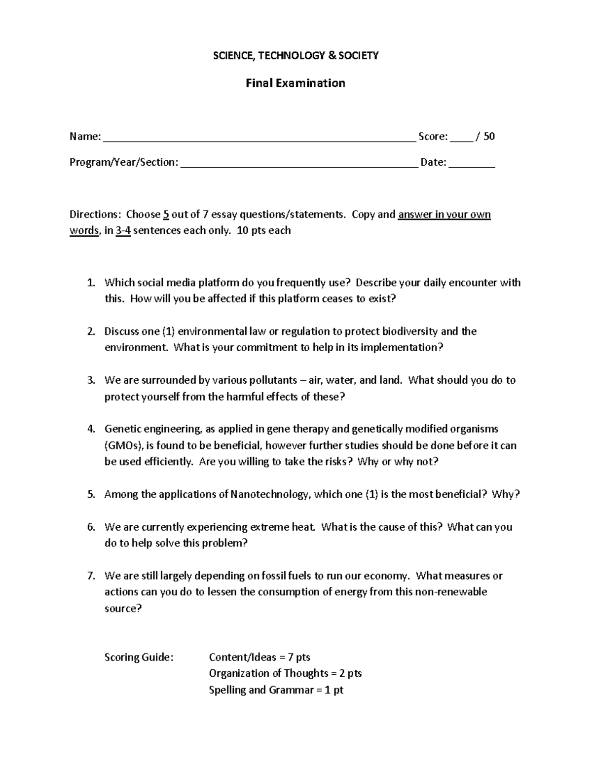 STS Final Exam Review: Questions on Society & Technology - Studocu
