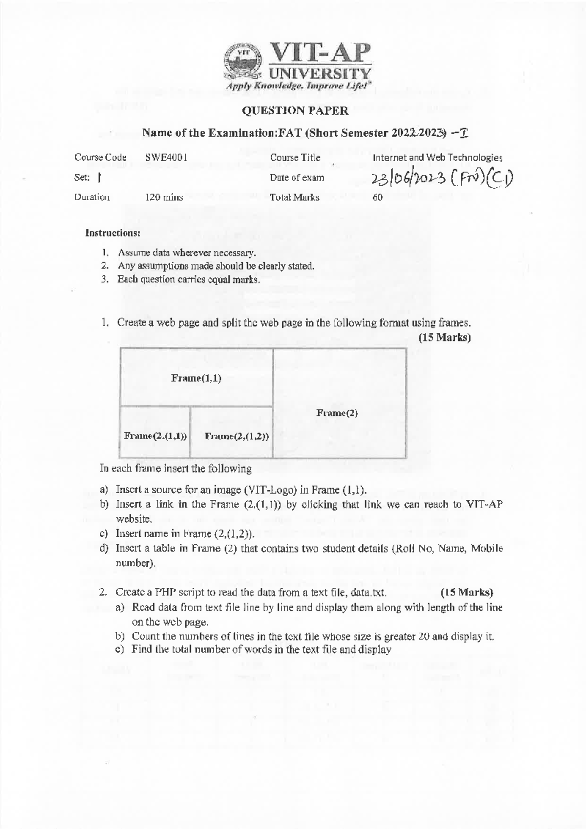 4 - these are question papers on iwt and front end - SPECIMEN VIT U ...