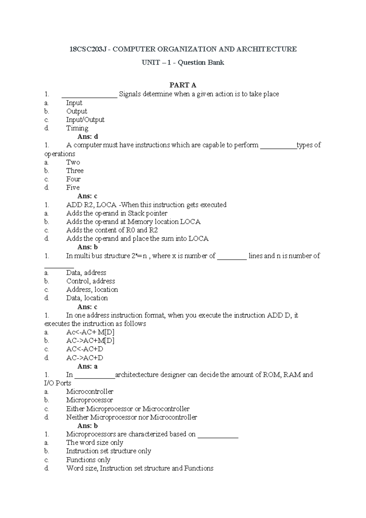 UNIT-1 QB 220911 160240 - 18CSC203J - COMPUTER ORGANIZATION AND ARCHITECTURE UNIT – 1 - Question ...