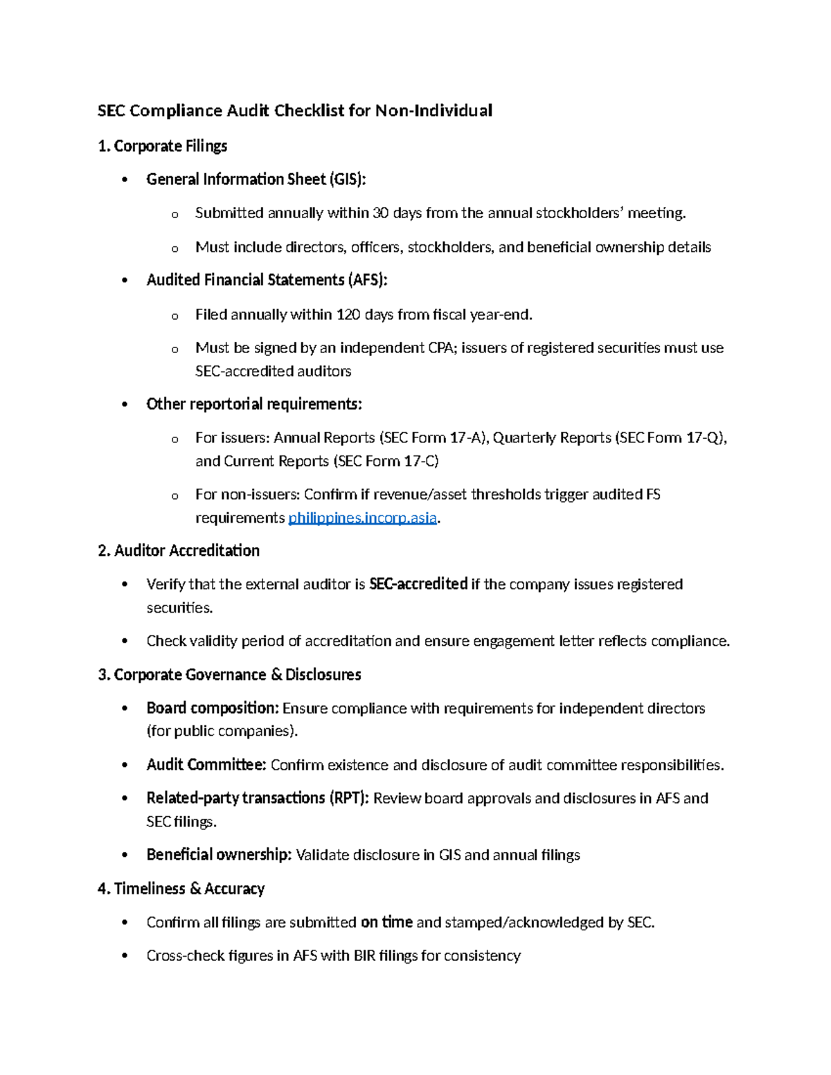 SEC Compliance Audit Checklist - Corporate Filings & Governance - Studocu